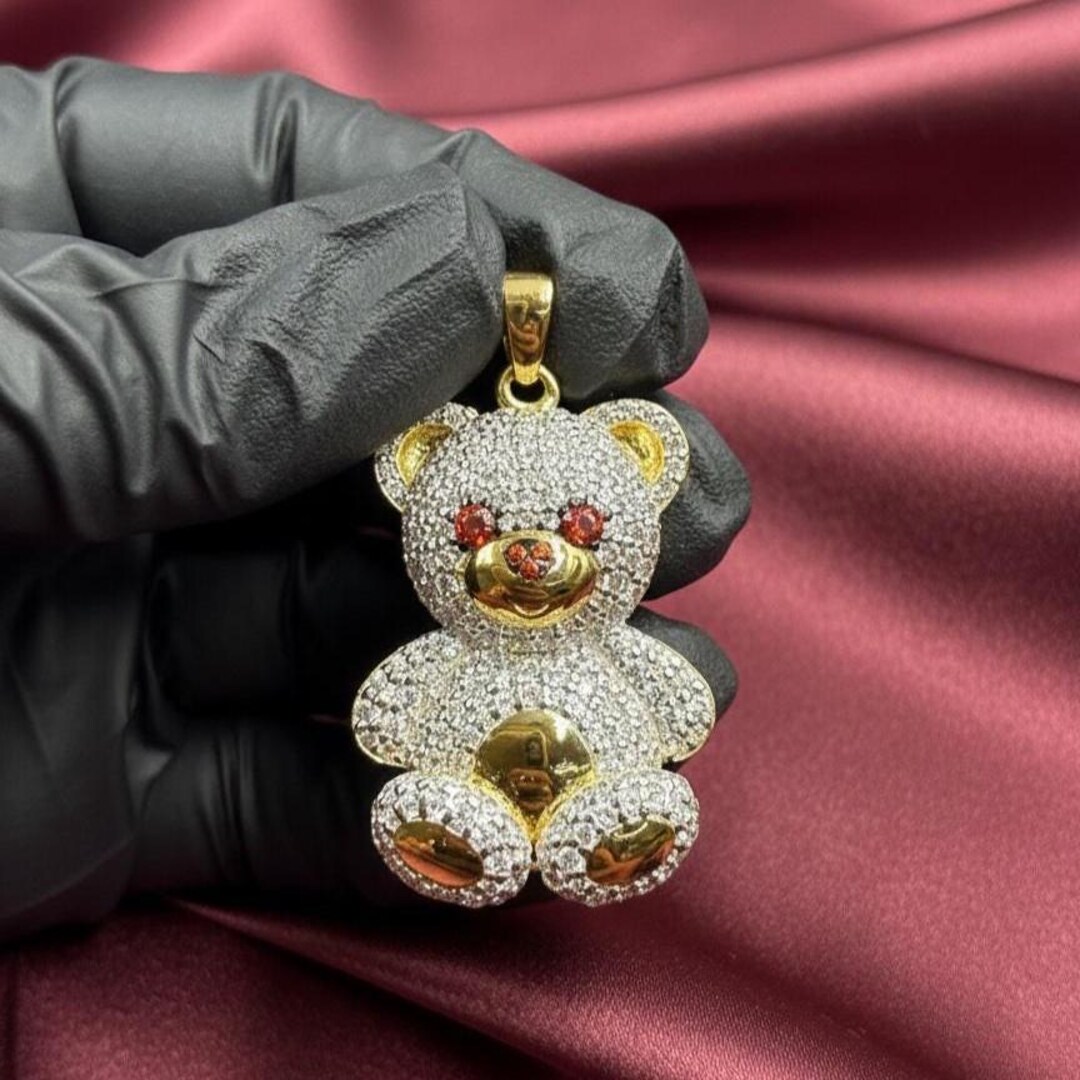 Iced Out Teddy Bear Pendant Moissanite Yellow Gold Finish Bling Bear ...