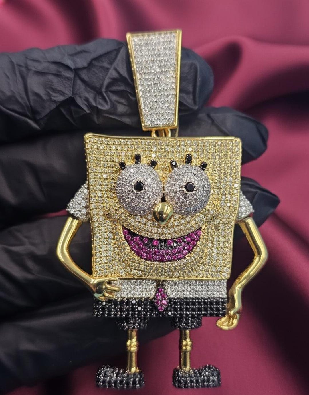 Iced Out Cartoon Square Pendant Gold Plated Character Charm Hip Hop ...