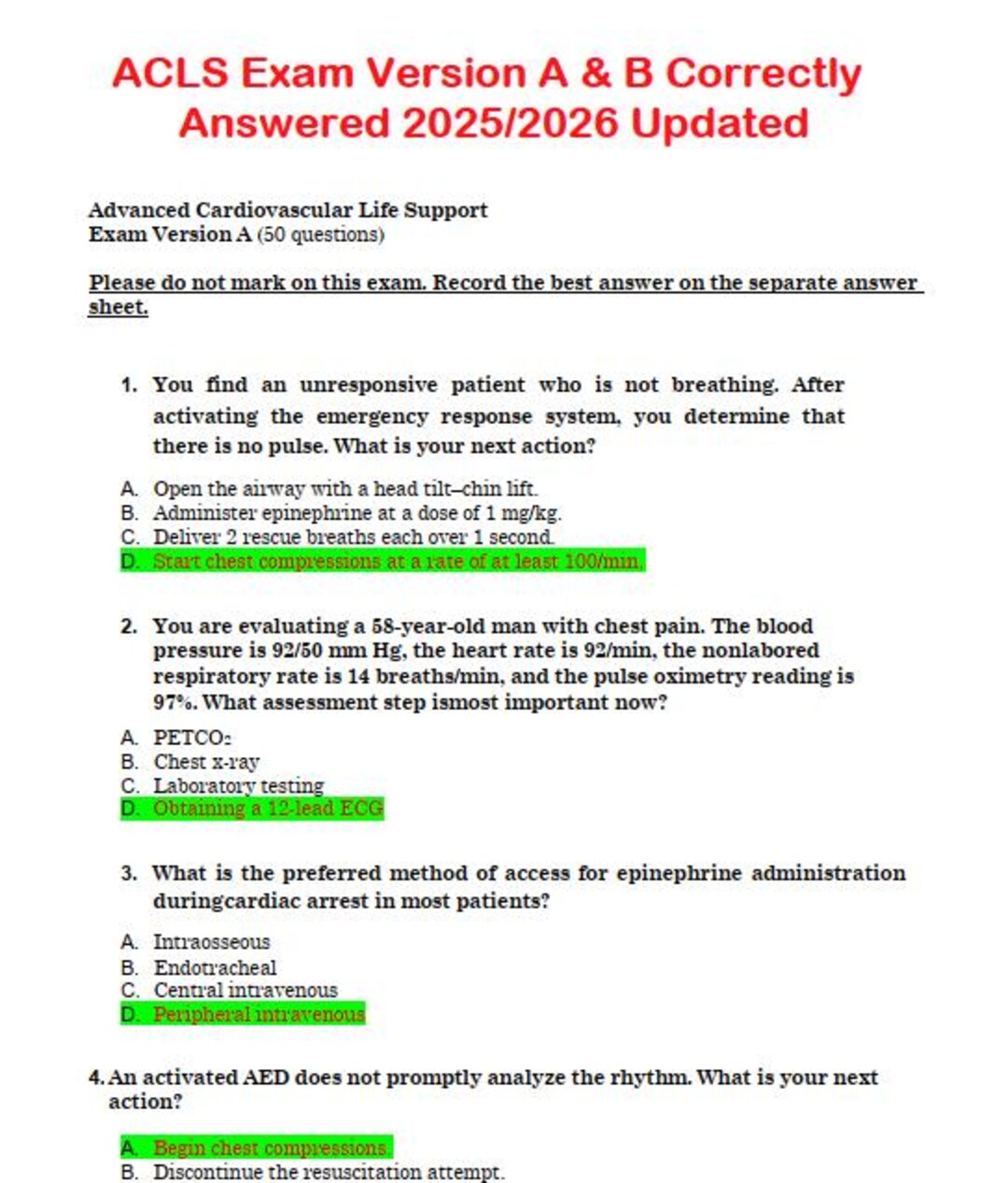 ACLS Final Exam Actual 2026 With Version A,B | 340 Correct Q&A With ...