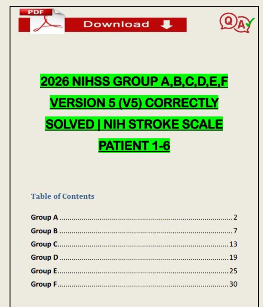 2026 NIHSS Group A,B,C,D,E,F Version 5 (V5) Correctly Solved | Nih ...
