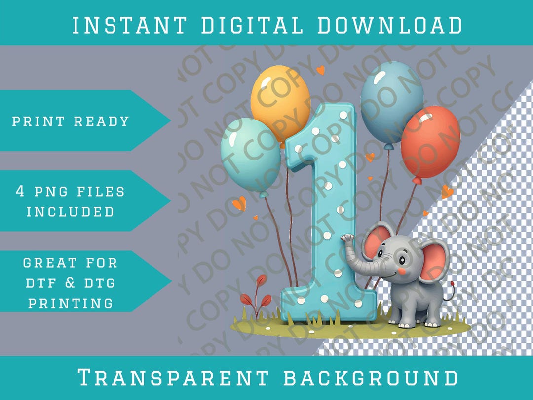 1st Birthday Blue Number One Elephant Png Bundle, Digital Downloads - Etsy