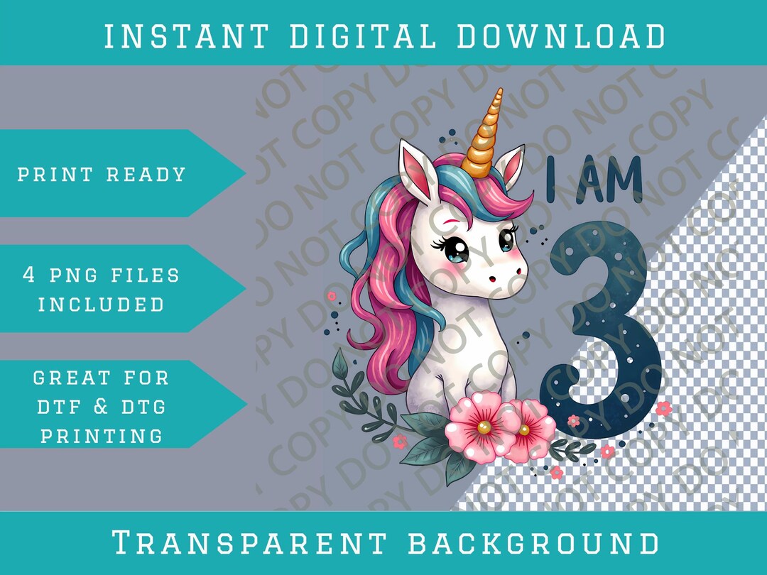 I Am 3 Unicorn 3rd Birthday Png Bundle, Digital Downloads - Etsy