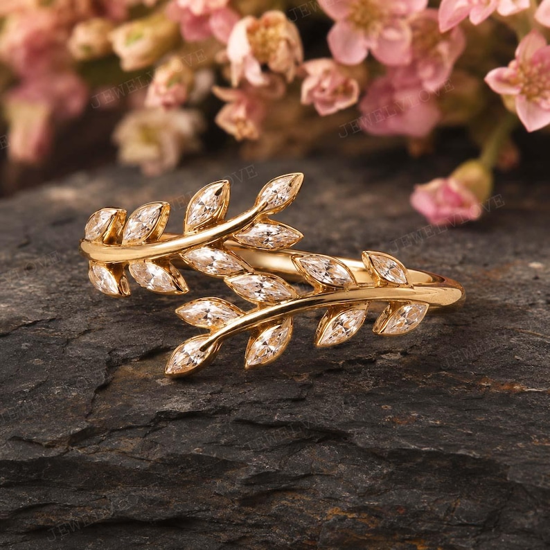 14K Yellow Gold Leaf Wrap Ring for Women Diamond Nature Inspired Vine ...