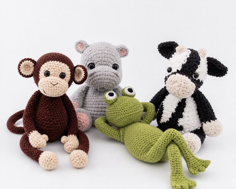 4-in-1 Amigurumi Animal Crochet Patterns – Monkey, Lamb, Calf, Frog ...