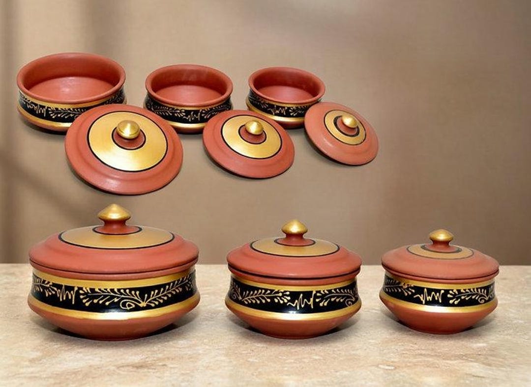 Clay Donga Set 3 Gold Painted Terracotta Serving Bowls Lids Indian ...