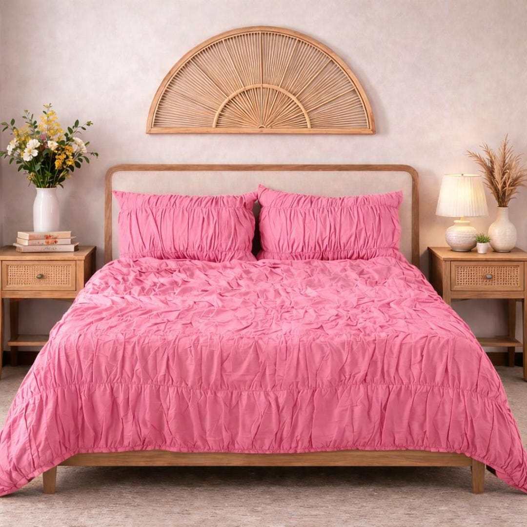 Pink Cotton Duvet Cover Set, Boho Cinched Bedding, Soft Wrinkled ...
