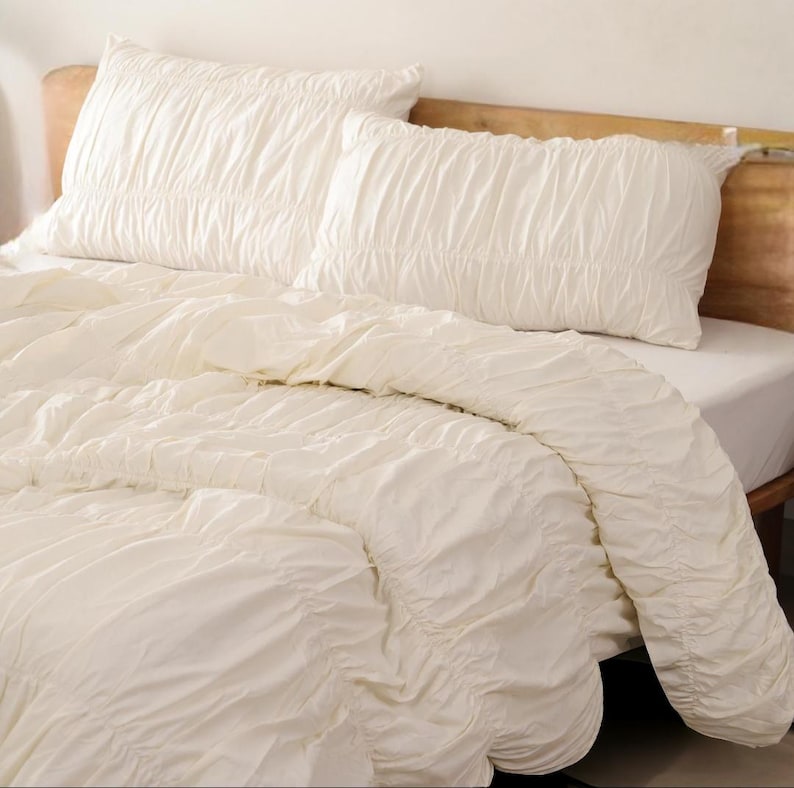 Off White Color Ruched Cotton Duvet Cover Set, Romantic Bedroom Decor ...