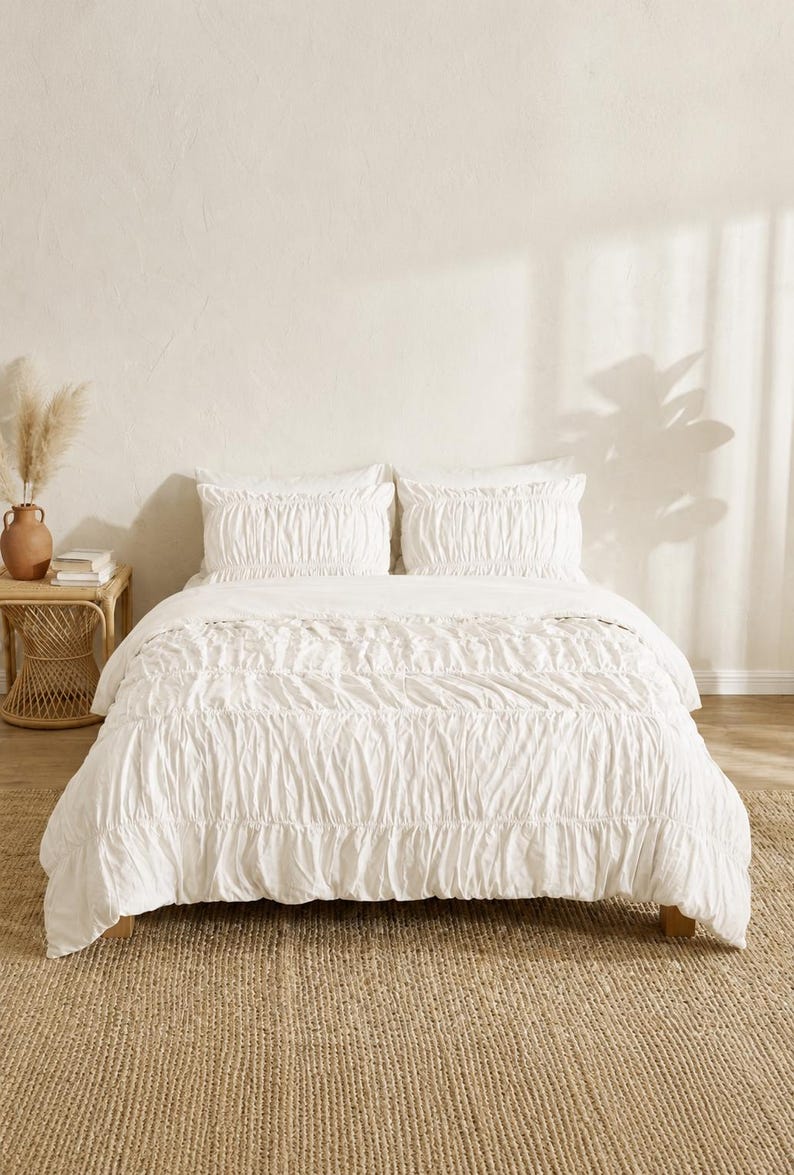 Off White Color Ruched Cotton Duvet Cover Set, Romantic Bedroom Decor ...