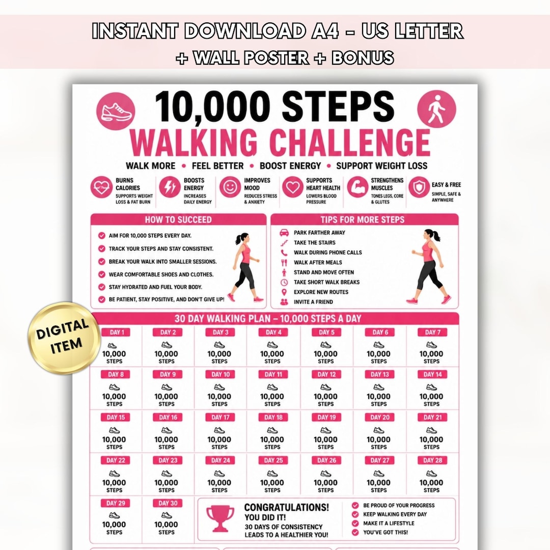 10,000 Steps Walking Challenge Printable, 30 Day Walking Tracker ...