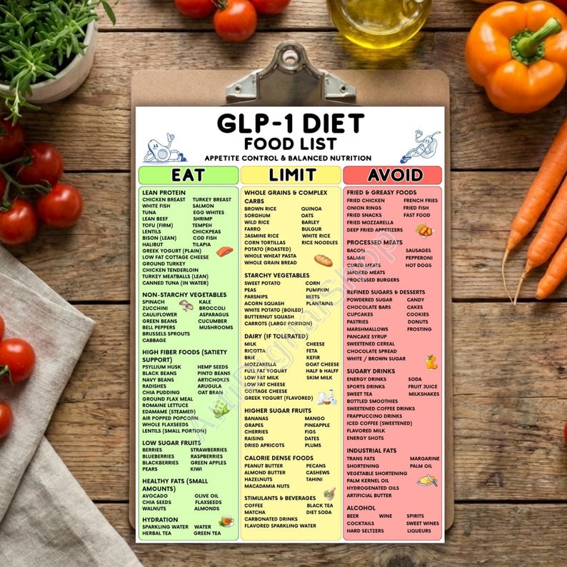 GLP-1 Diet Food List Printable, High Protein & Fiber Food Chart, Eat ...