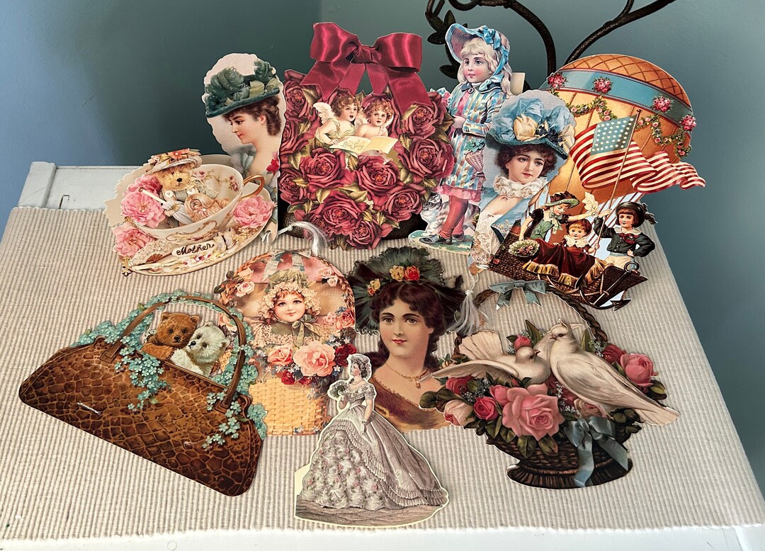 VICTORIAN CUTOUTS PRINTS Lot of 14 Weighted Paper Decorate With Them ...