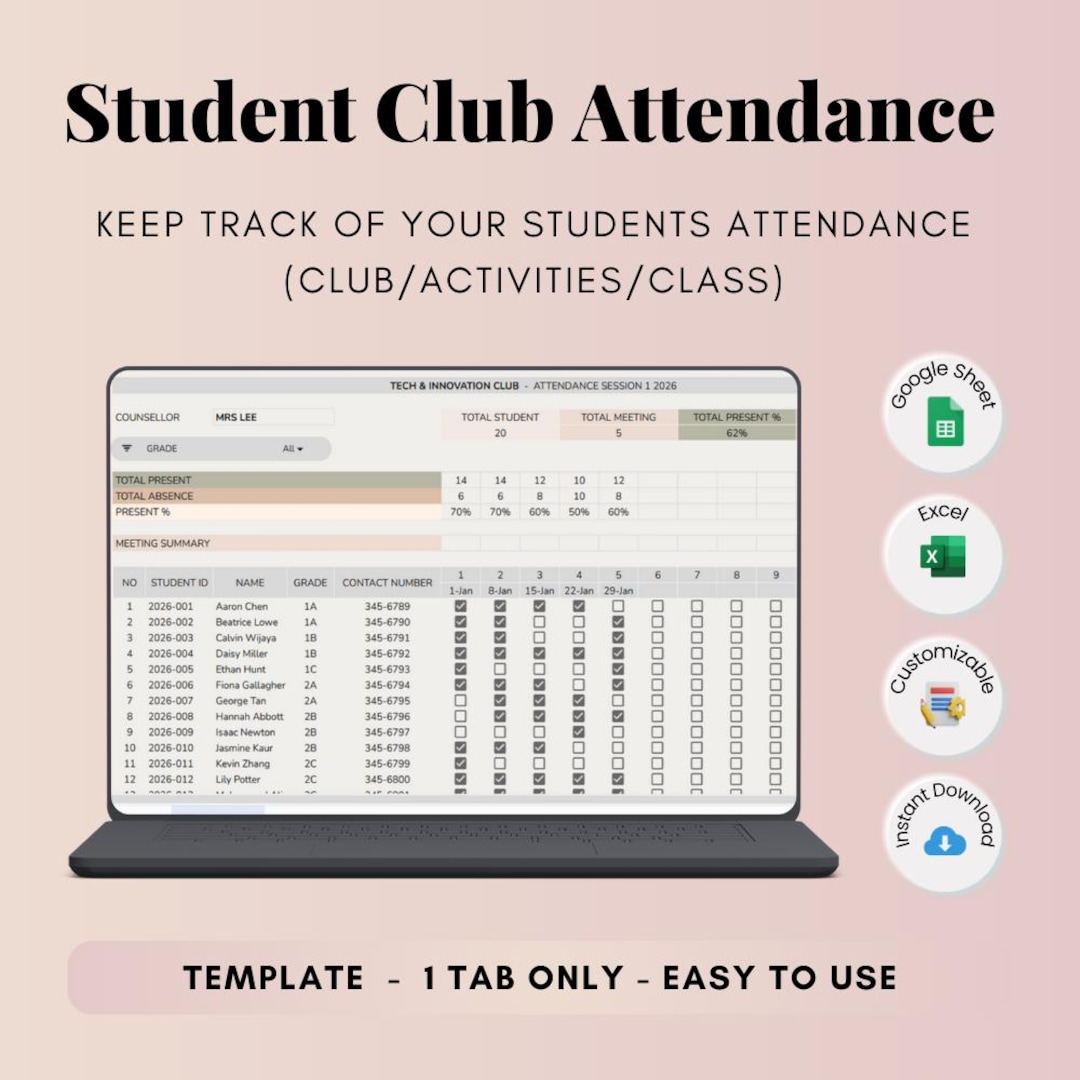 School Club Attendance Google Sheets Excel: Teacher, Classroom ...