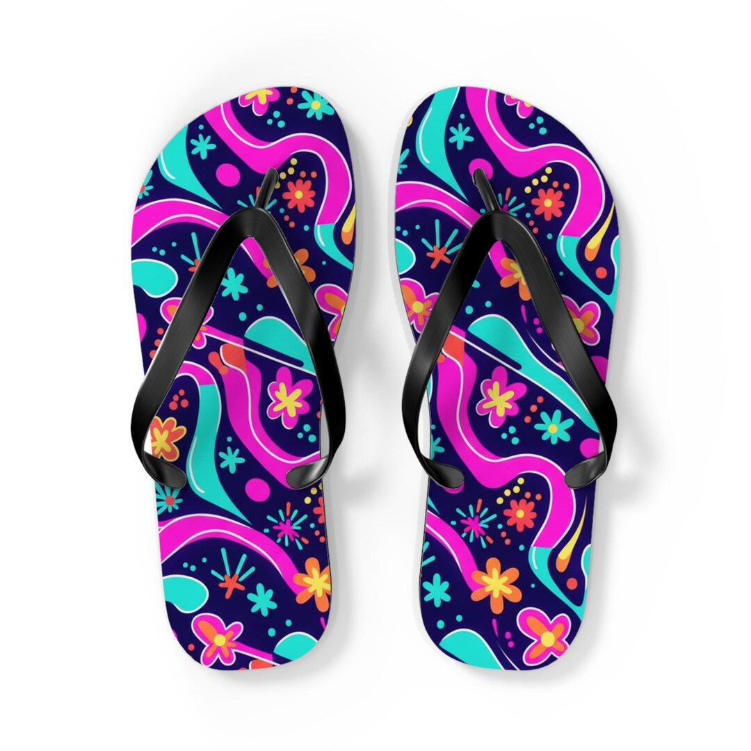 Neon Retro Paisley Floral Flip Flops | Colorful 70s Vibe Sandals - Etsy