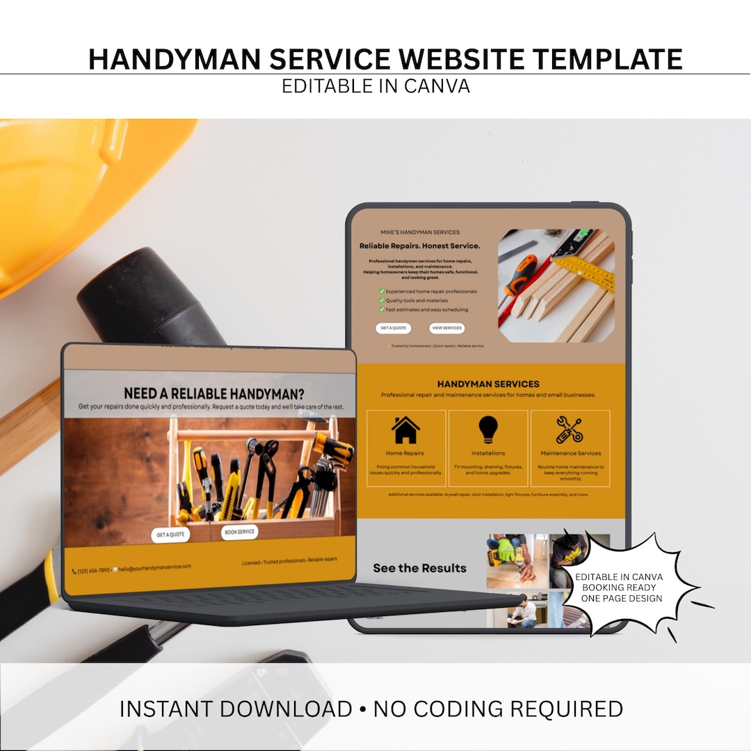 Handyman Service Website Template Editable Canva Design Digital ...