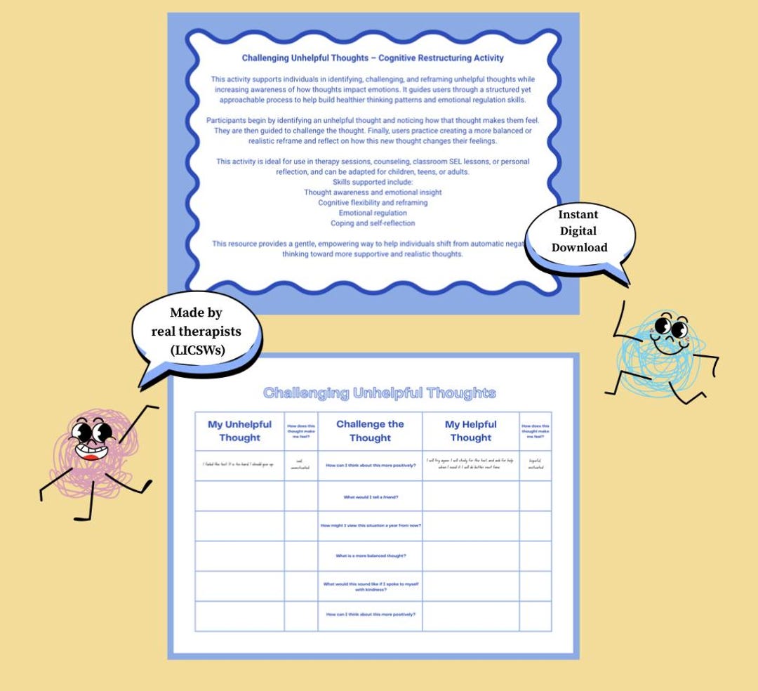 Challenging Unhelpful Thoughts Worksheet | CBT Reframing Activity ...