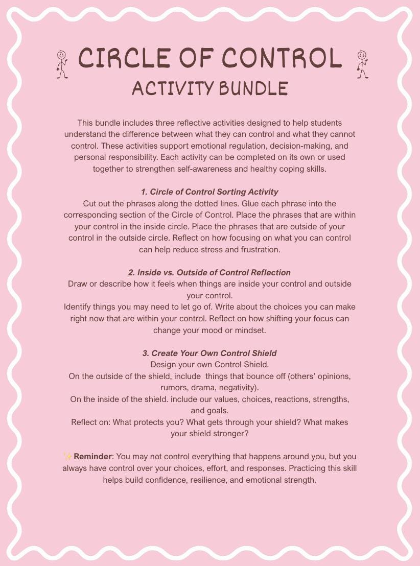 Circle of Control Printable Bundle | SEL Counseling Activities | Coping ...