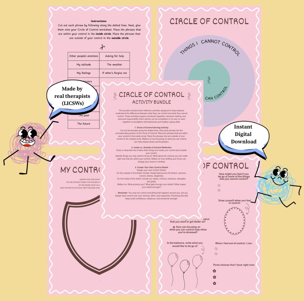 Circle of Control Printable Bundle | SEL Counseling Activities | Coping ...