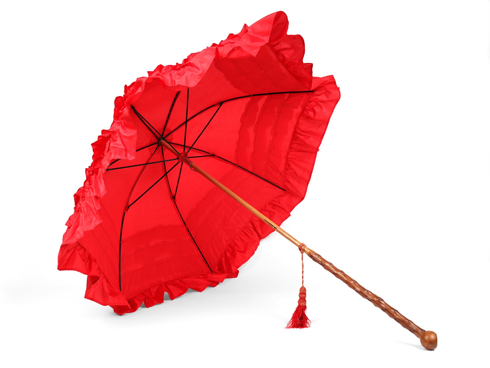 1870s Antique Parasol Frame With Exact Match Red Silk Taffeta and Trim ...