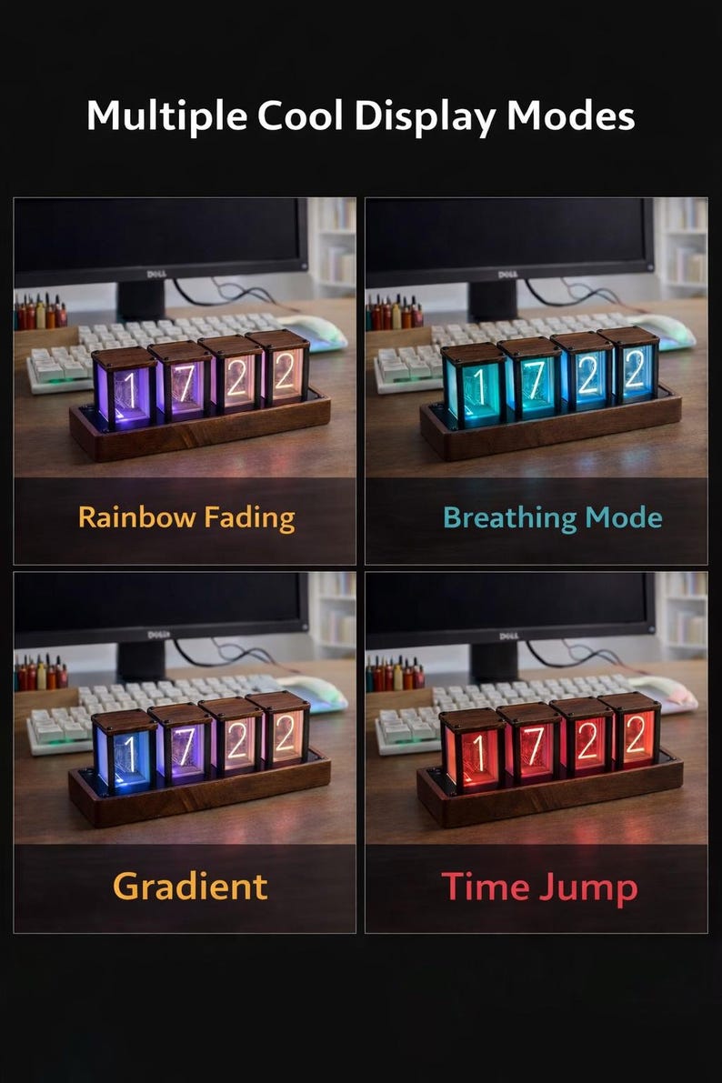 Square RGB LED Nixie Clock, Walnut Base, Retro Desk Decor, USB Powered ...