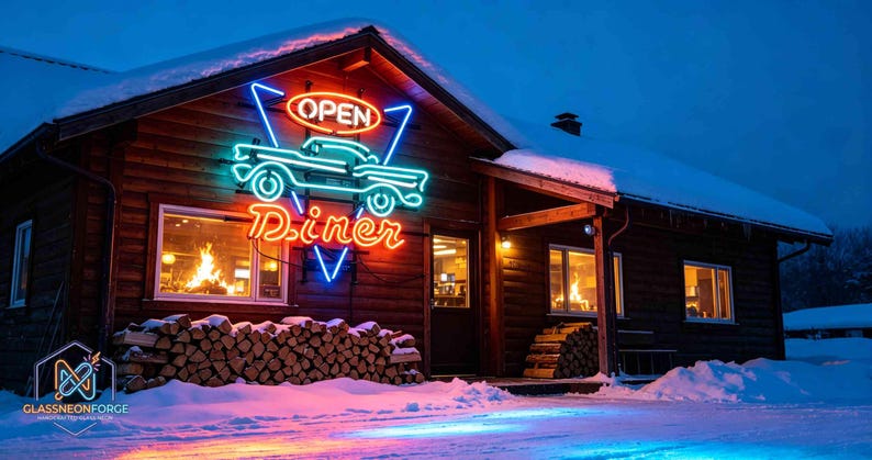 Vintage Diner Open Neon Sign, Retro Car Wall Decor, 50s Diner Bar Light ...