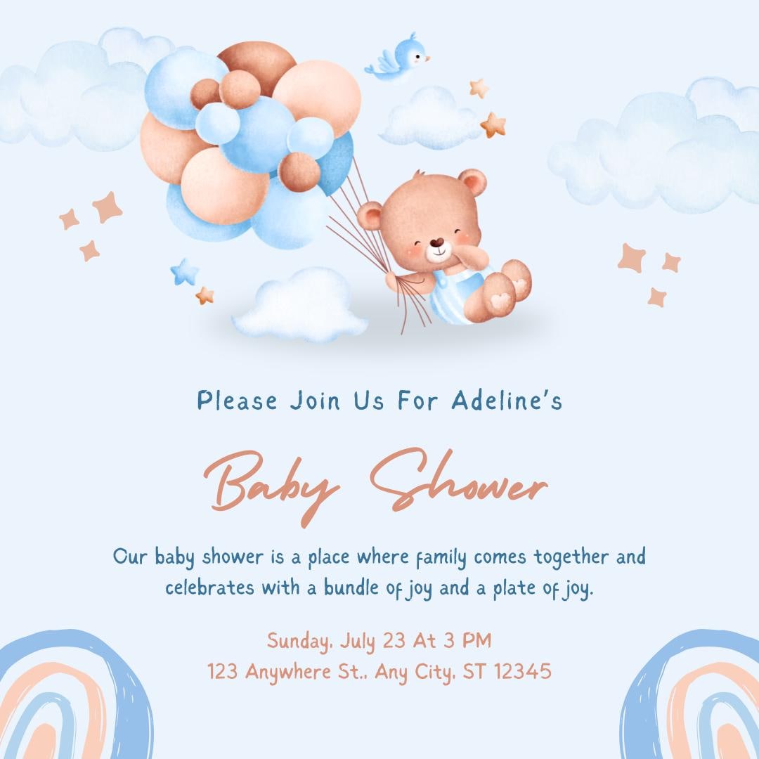 Baby Shower Invitation Template - Boy Blue Teddy Bear Invite - Editable ...