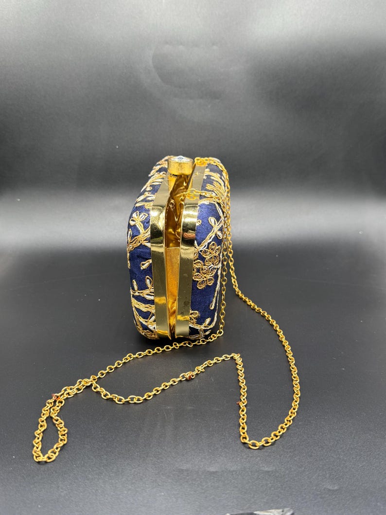 Designer Blue & Gold Clutch Bag, Bridal Wedding Purse, Embroidered ...