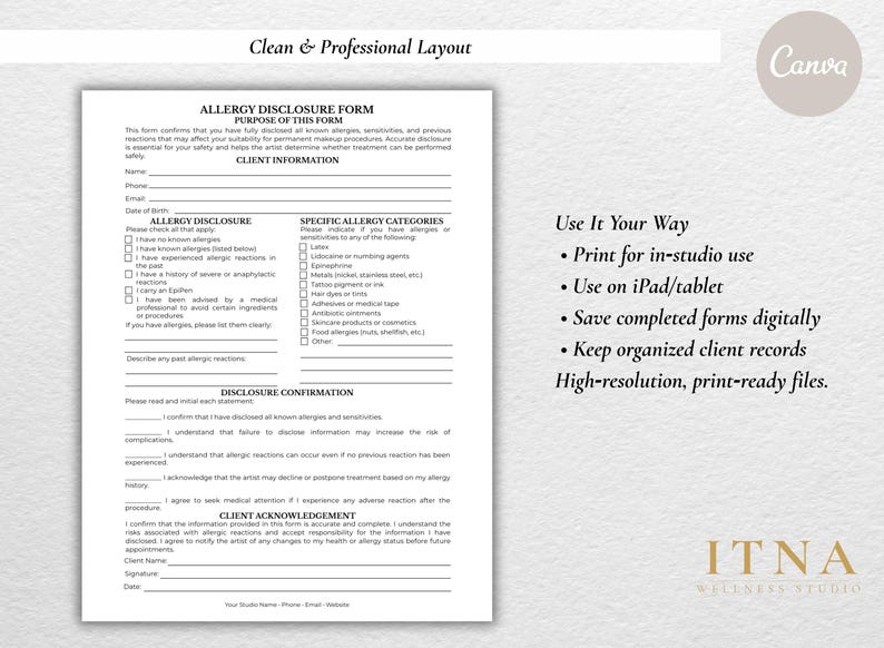 Allergy Disclosure Form - PMU Client Allergy Form, Editable Canva ...