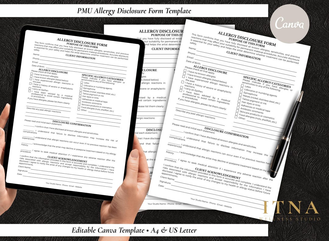 Allergy Disclosure Form - PMU Client Allergy Form, Editable Canva ...