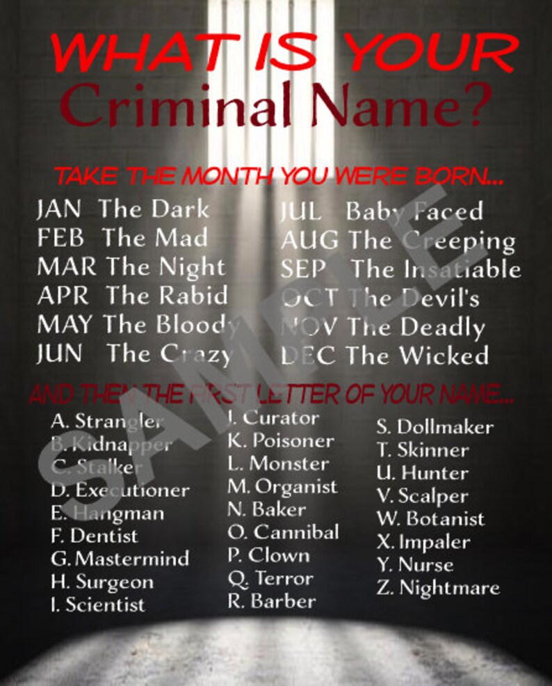 What's Your Criminal Name Sign With Name Tags. Instant - Etsy