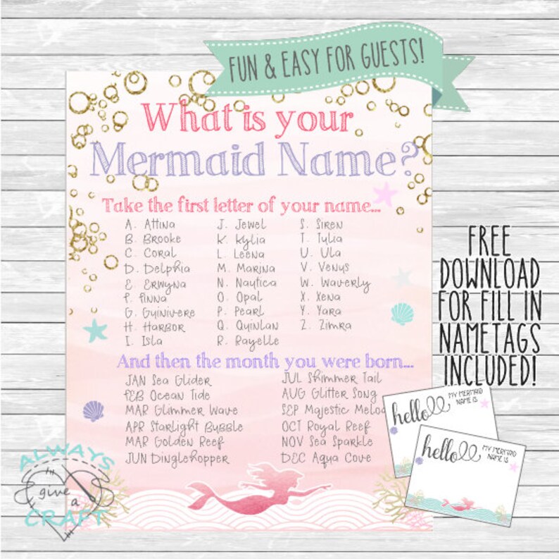 What's Your Mermaid Name Game, Sign With Name Tags. Instant Download ...