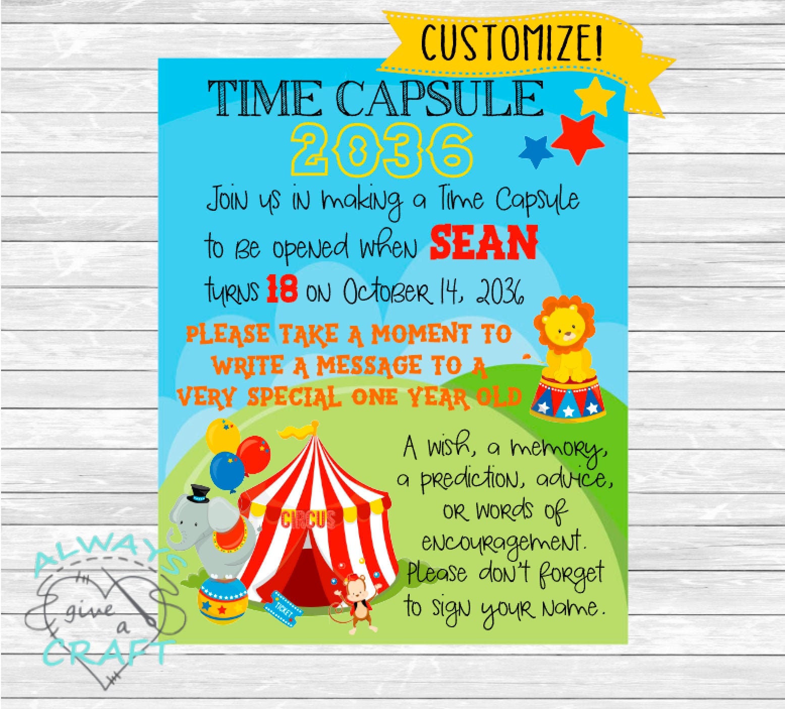 Cute Circus Time Capsule Sign - Digital File - Customizable - Etsy