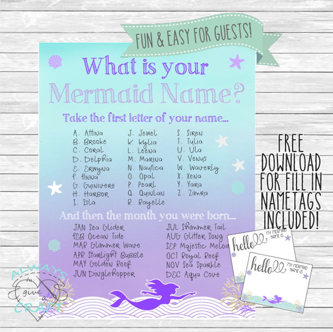 What's Your Mermaid Name Game, Sign With Name Tags. Instant Download ...