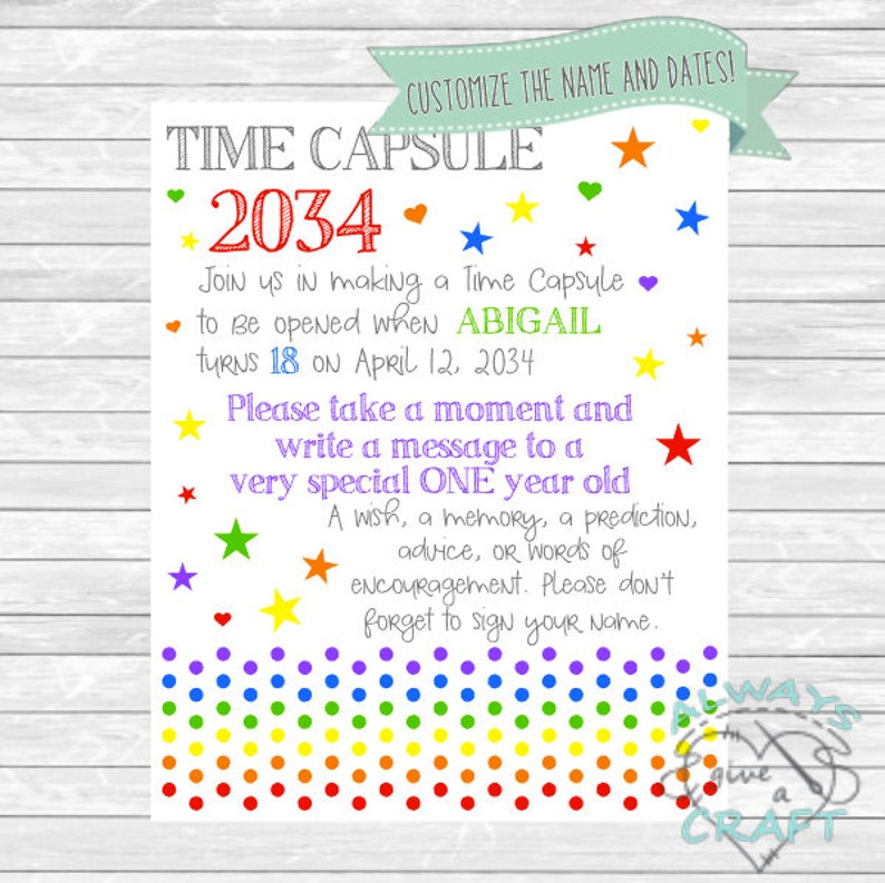 Rainbow Time Capsule Sign - Digital File - Customizable - Printable - Etsy