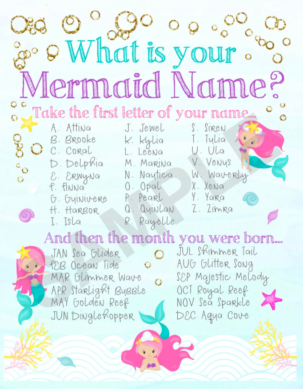What's Your Mermaid Name Game, Sign With Name Tags. Instant Download ...
