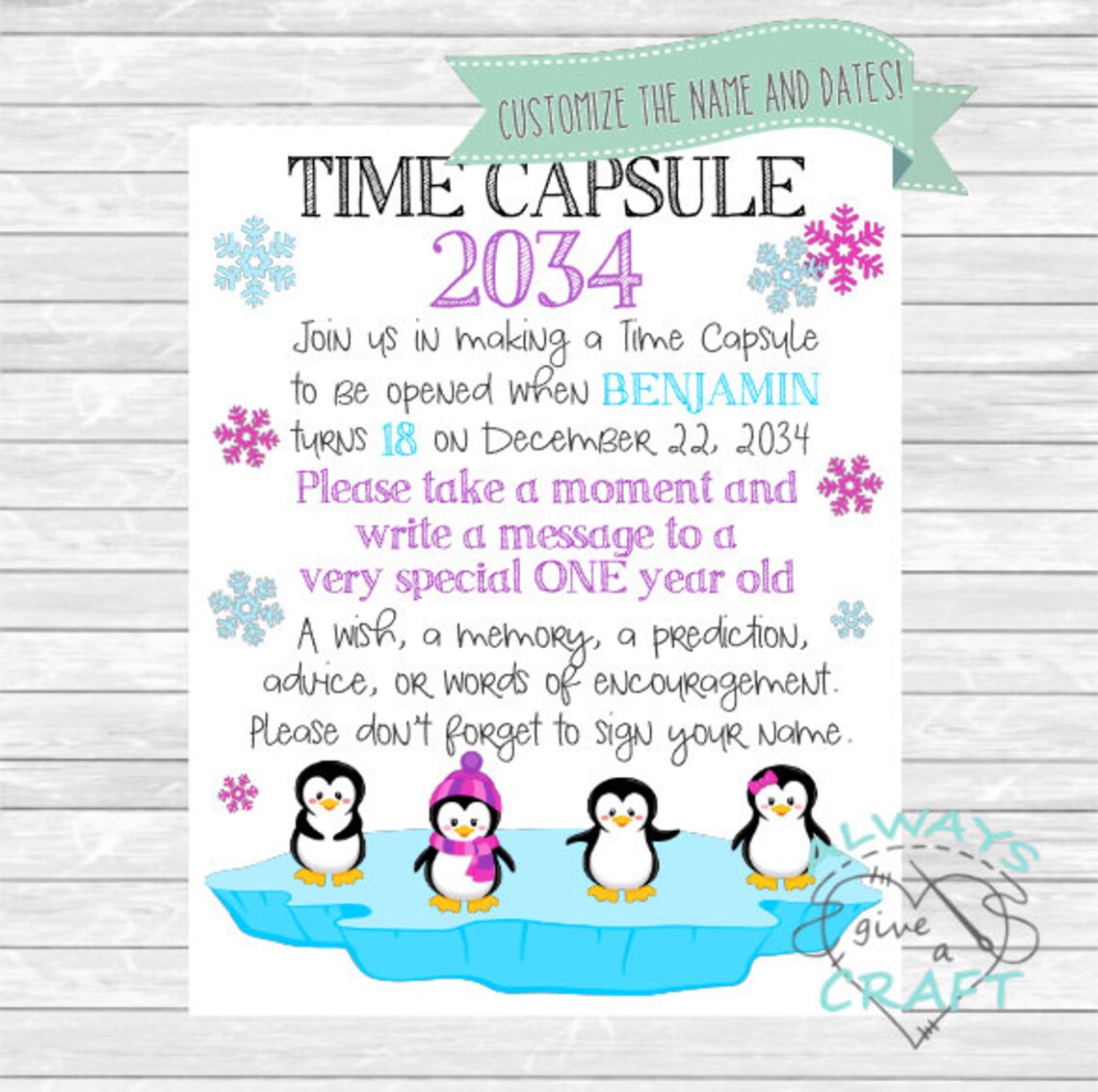 Purple Penguins Time Capsule Sign - Digital File - Customizable ...
