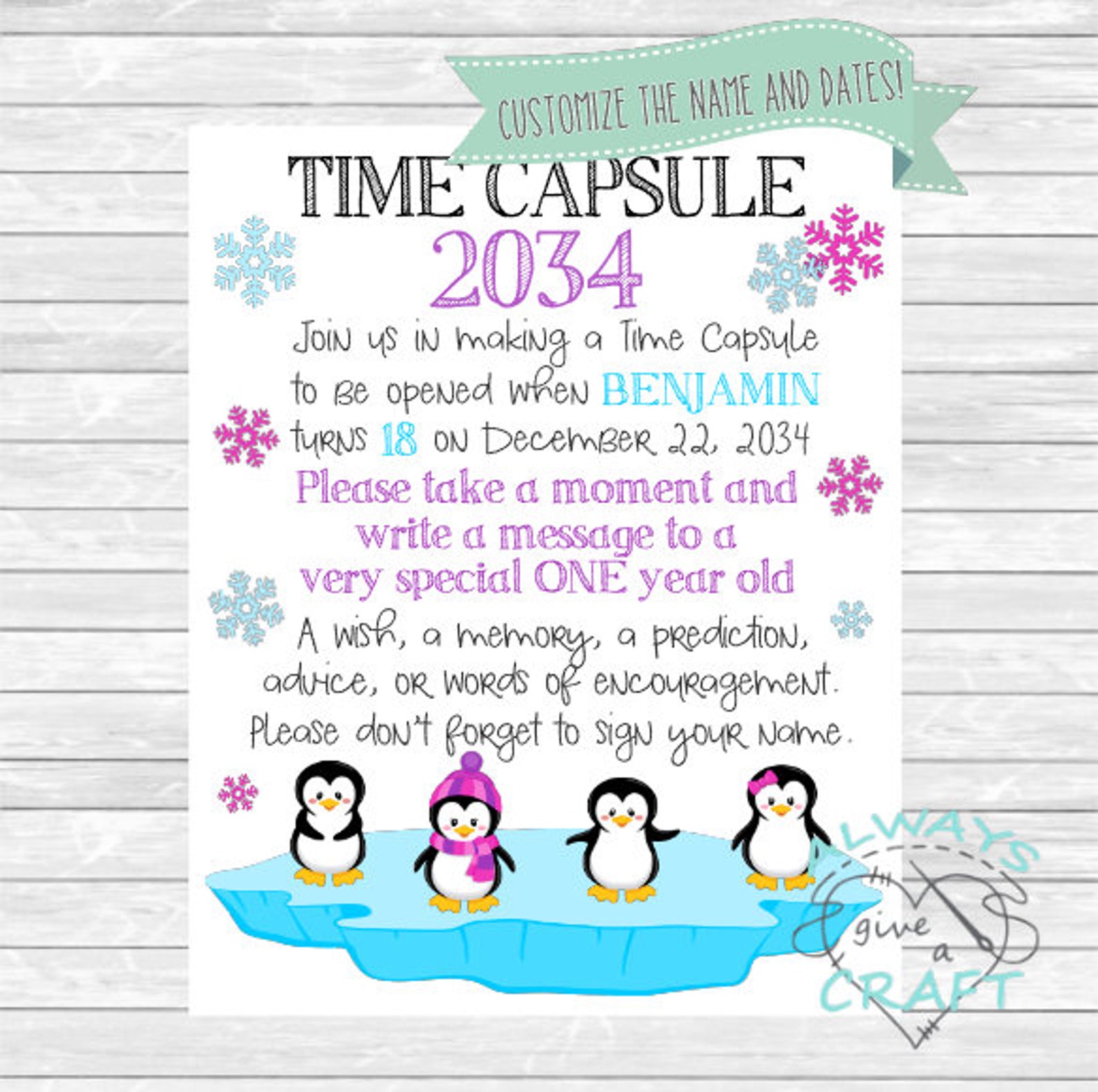 Purple Penguins Time Capsule Sign - Digital File - Customizable ...