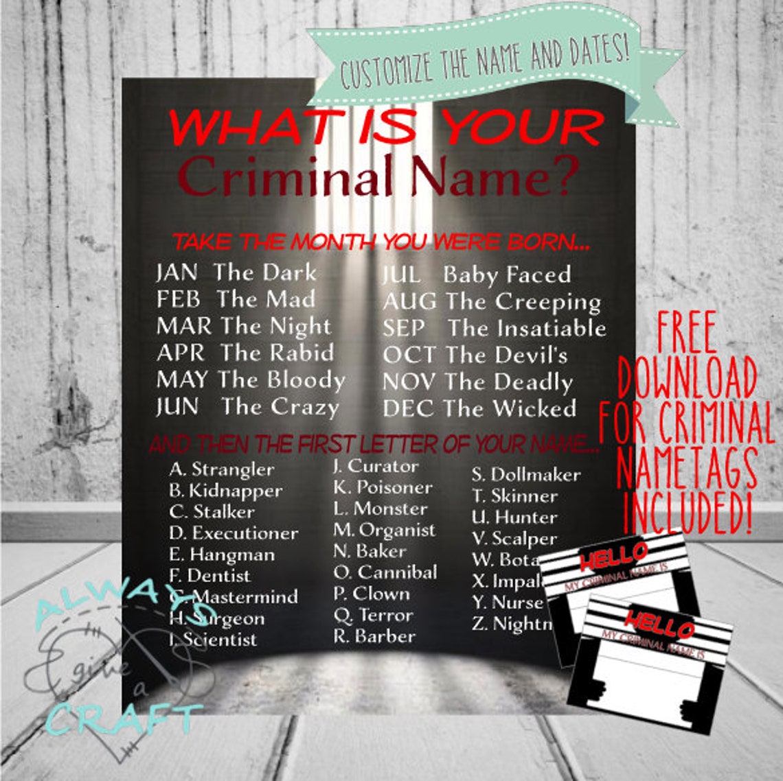 What's Your Criminal Name, Sign With Name Tags. Instant Download ...