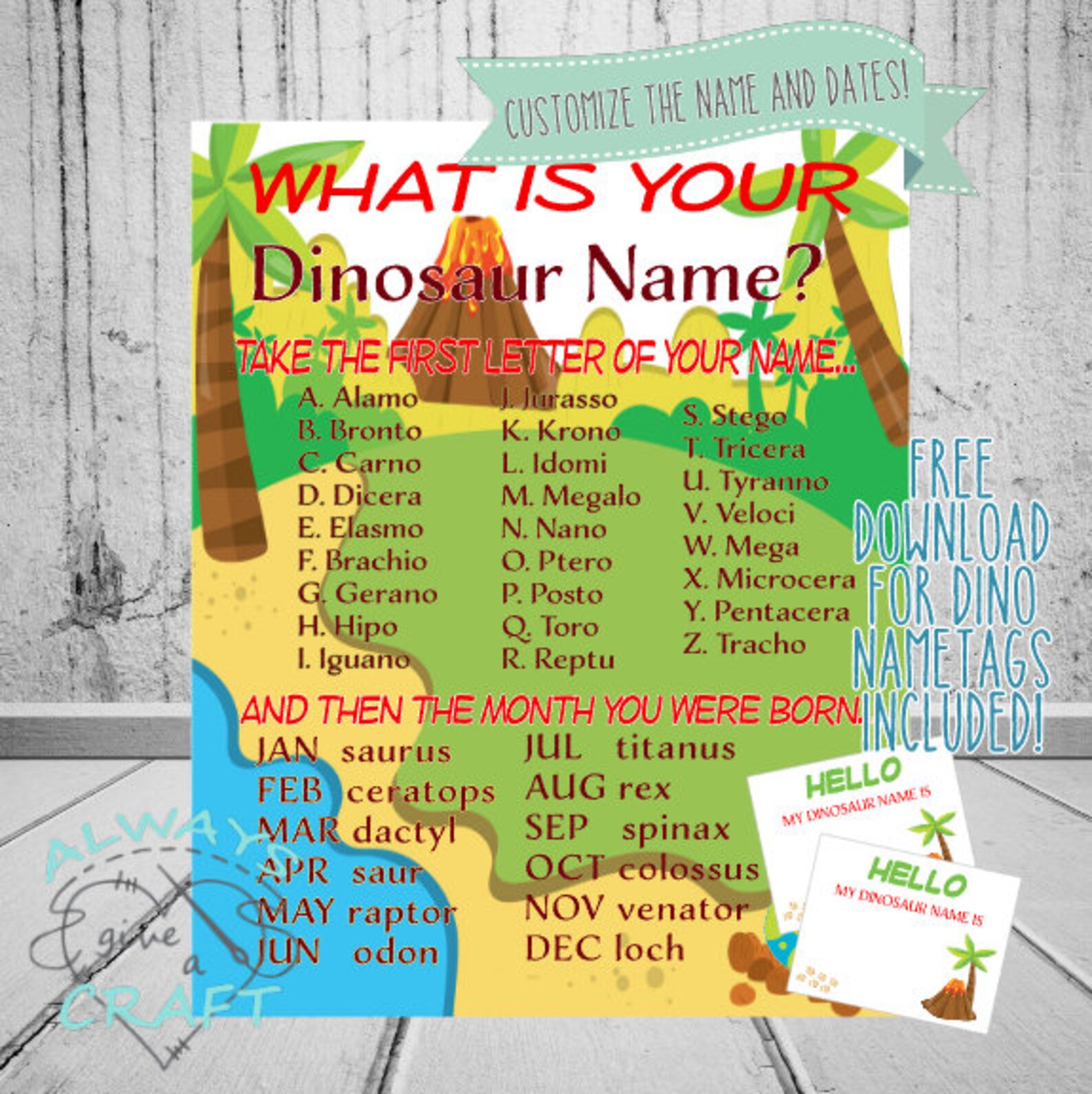 What's Your Dinosaur Name, Sign With Name Tags. Instant Download ...