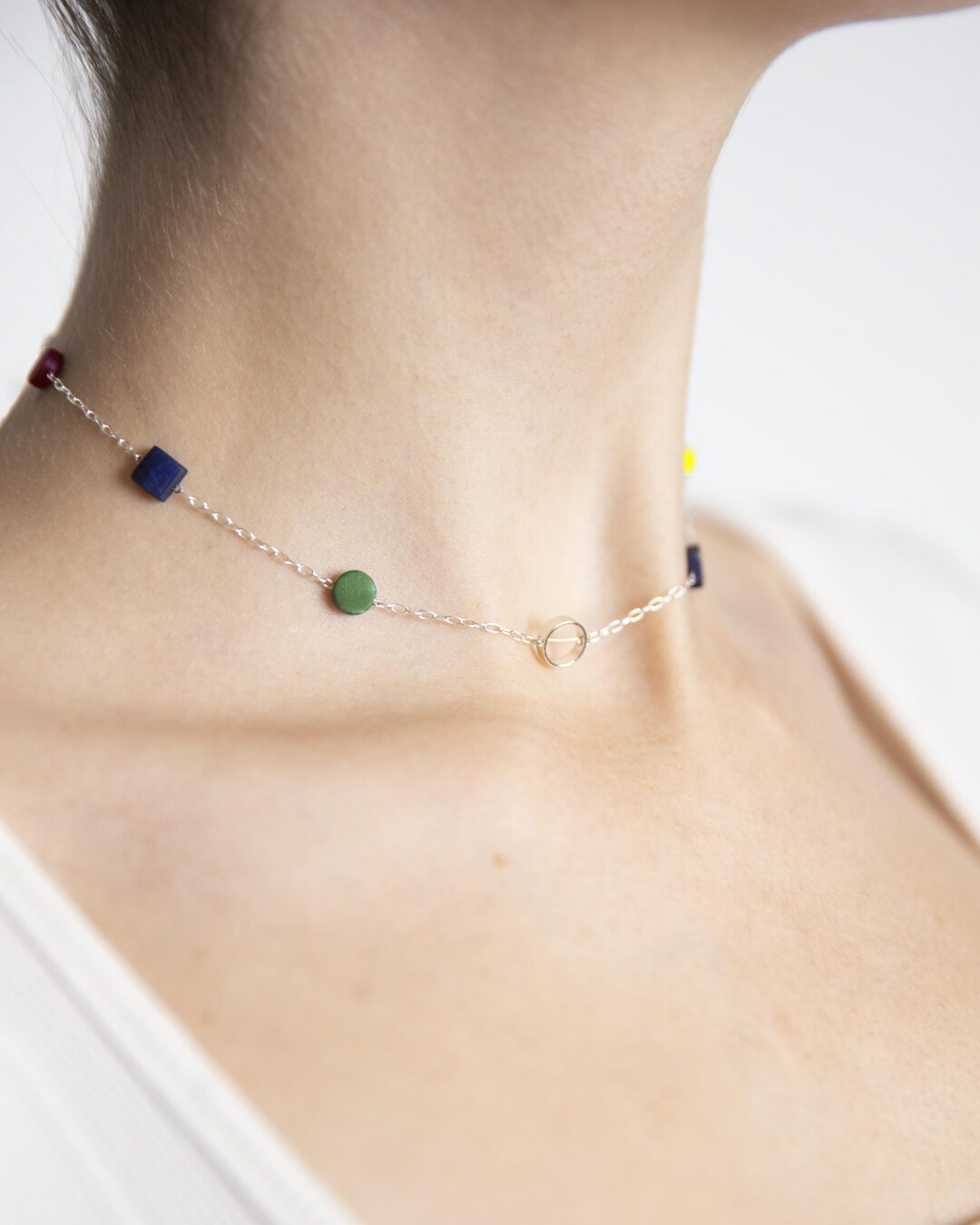 Colorful Wood Bead Necklace, Sterling Silver Chain Necklace, Minimalist ...