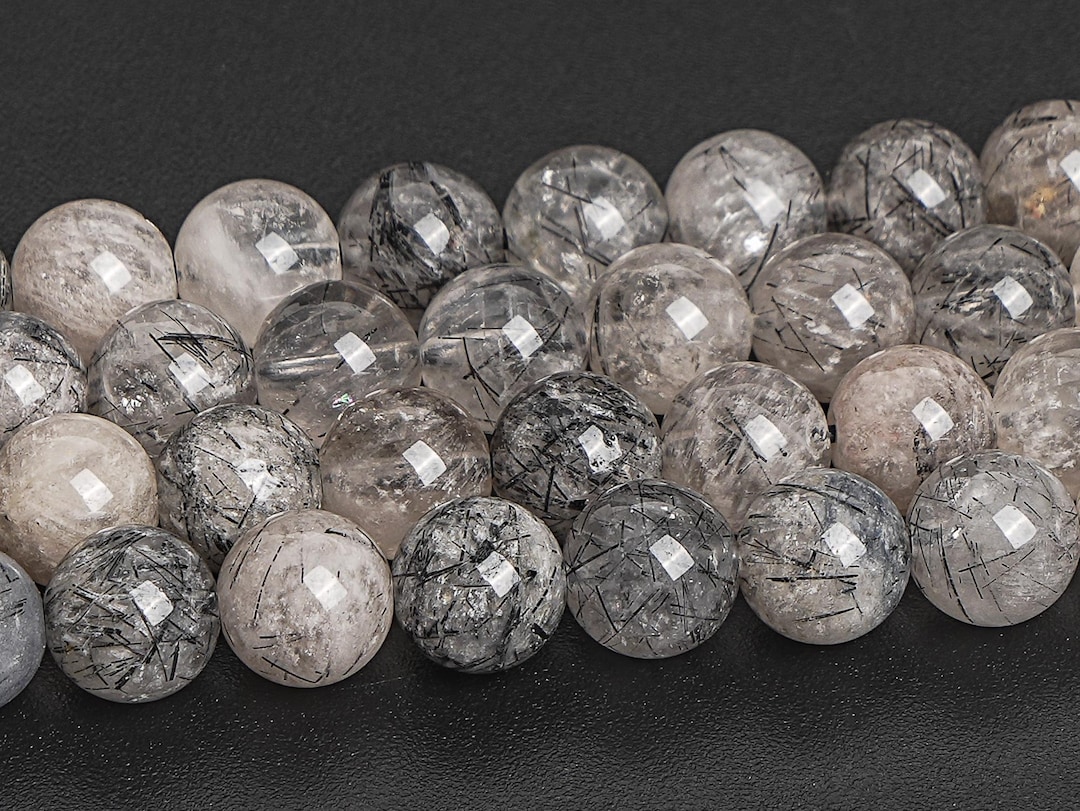 Black Tourmalinated Quartz Beads Genuine Natural Brazil Gemstone Round ...