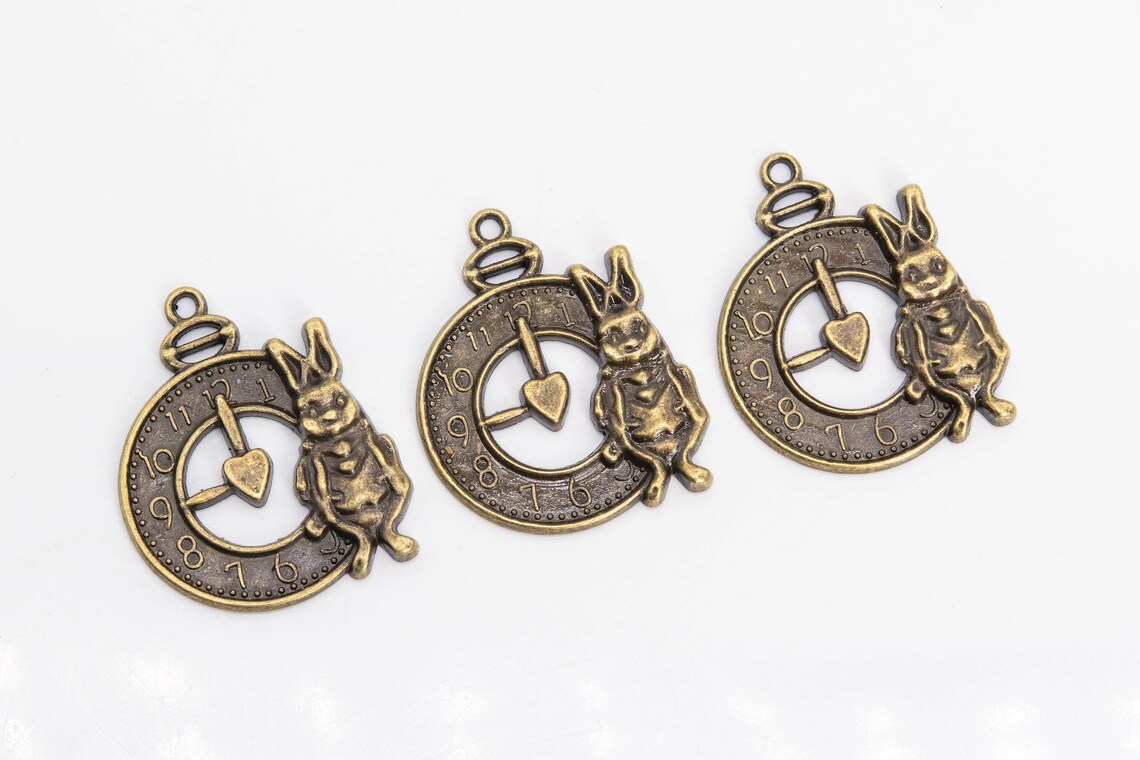 31x25mm Clock & Rabbit Charm Antique Bronze Tone Zinc Alloy Metal Charm ...