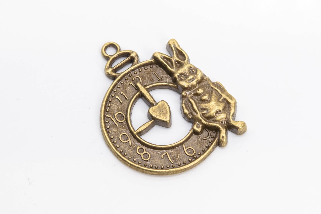 31x25mm Clock & Rabbit Charm Antique Bronze Tone Zinc Alloy Metal Charm ...