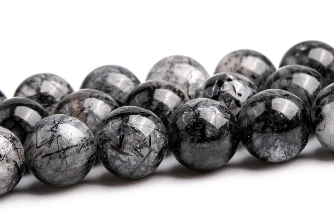 7-8MM Black Rutilated Quartz Beads Grade A Genuine Natural Gemstone Round Loose Beads 15" / 7.5 ...