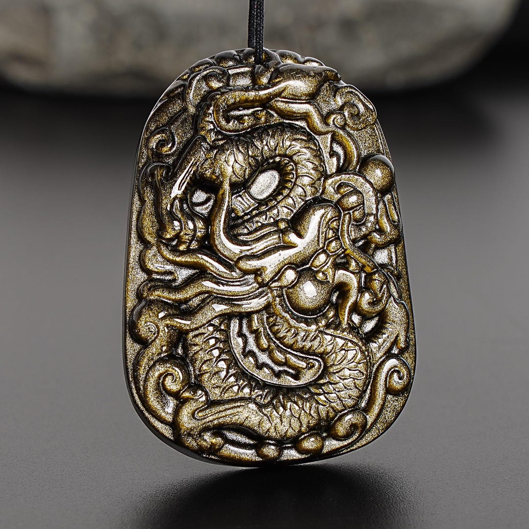 Genuine Natural Golden Obsidian Mysterious Chinese Dragon Pendant Grade ...