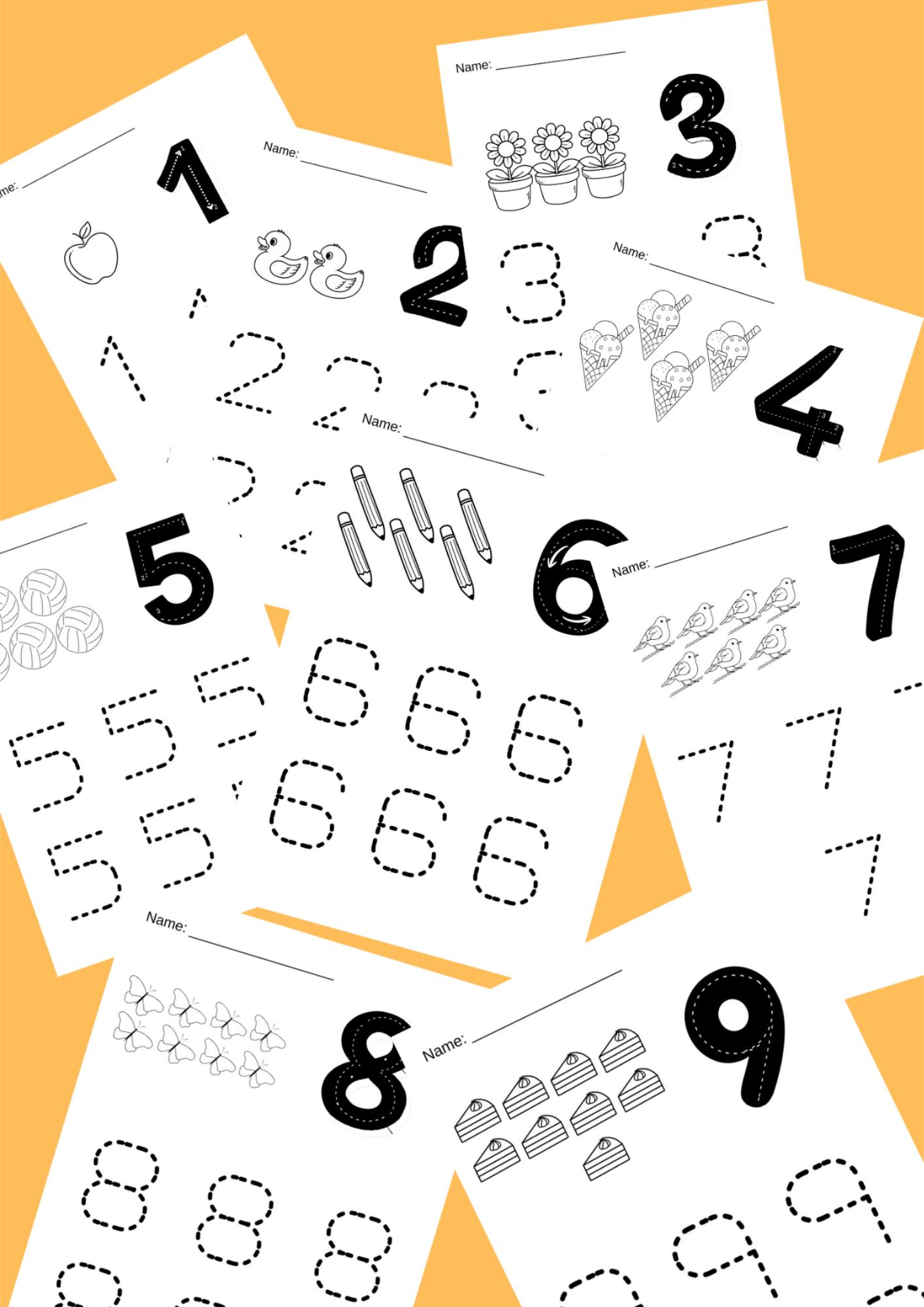 Numbers Tracing 1-9 Worksheets for Preschoolers, Handwriting Practice ...