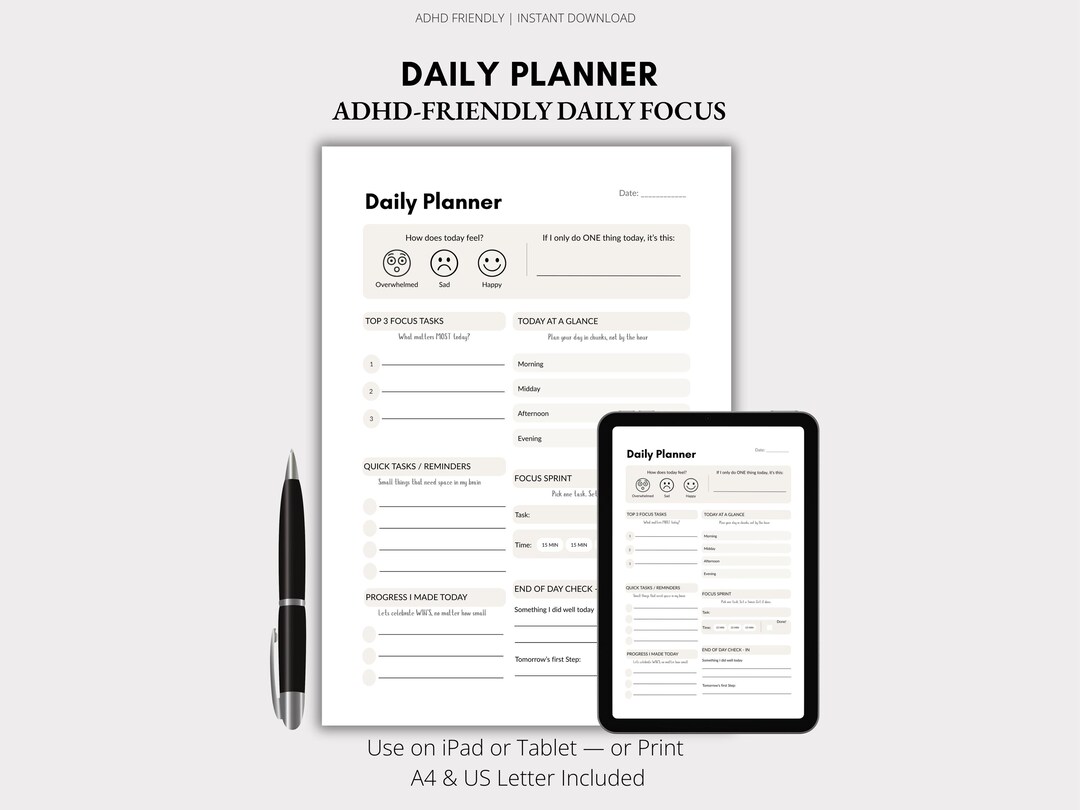ADHD Daily Planner Printable PDF | Simple Focus Planner for ADHD Adults ...