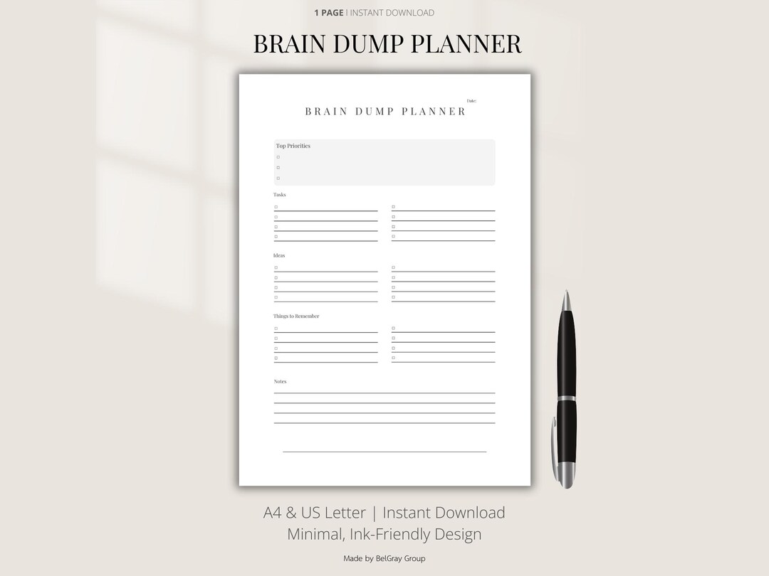Minimalist Brain Dump Planner Printable, ADHD Productivity Worksheet ...