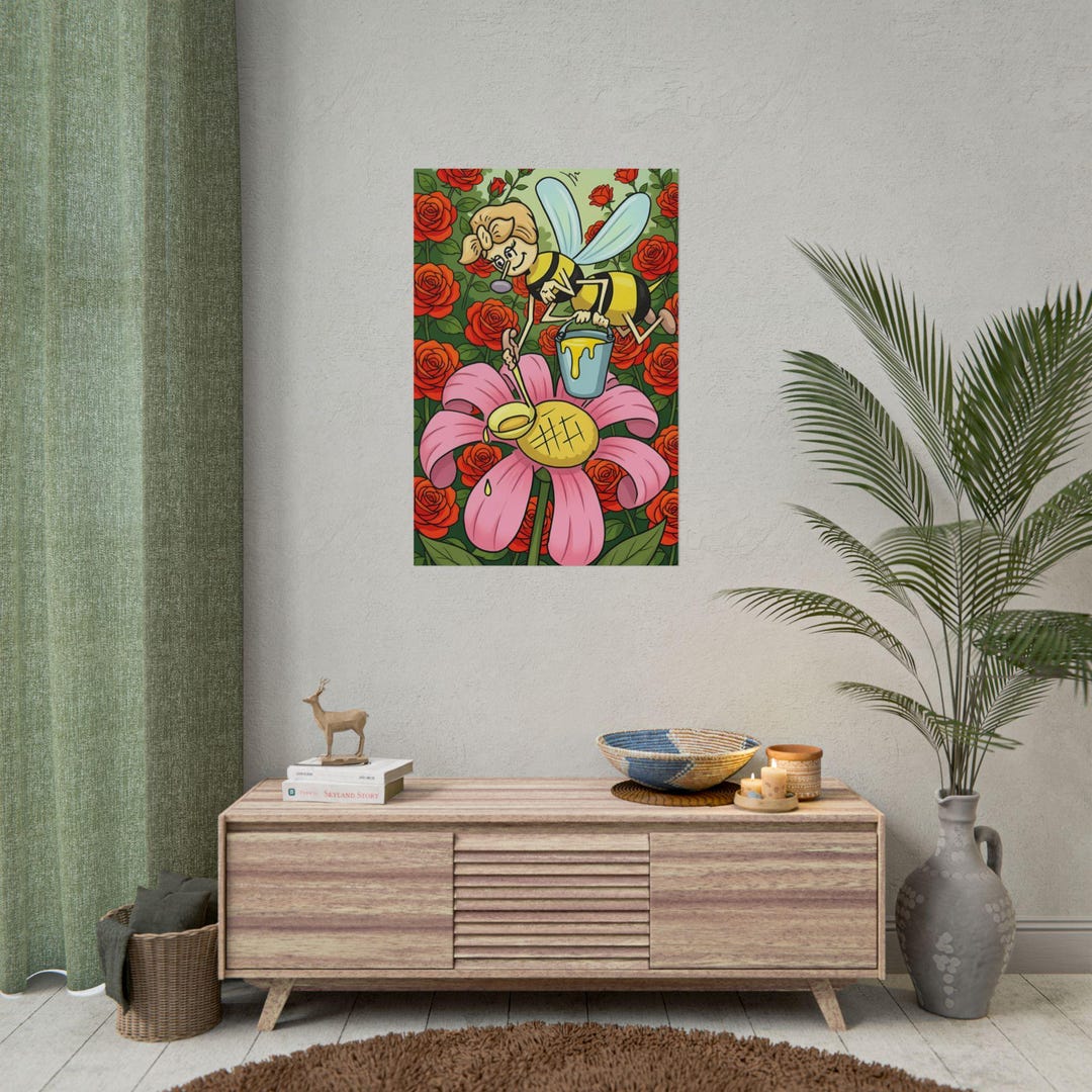 Bee Painter Poster | Rolled Poster, Floral Rose Background, Whimsical ...