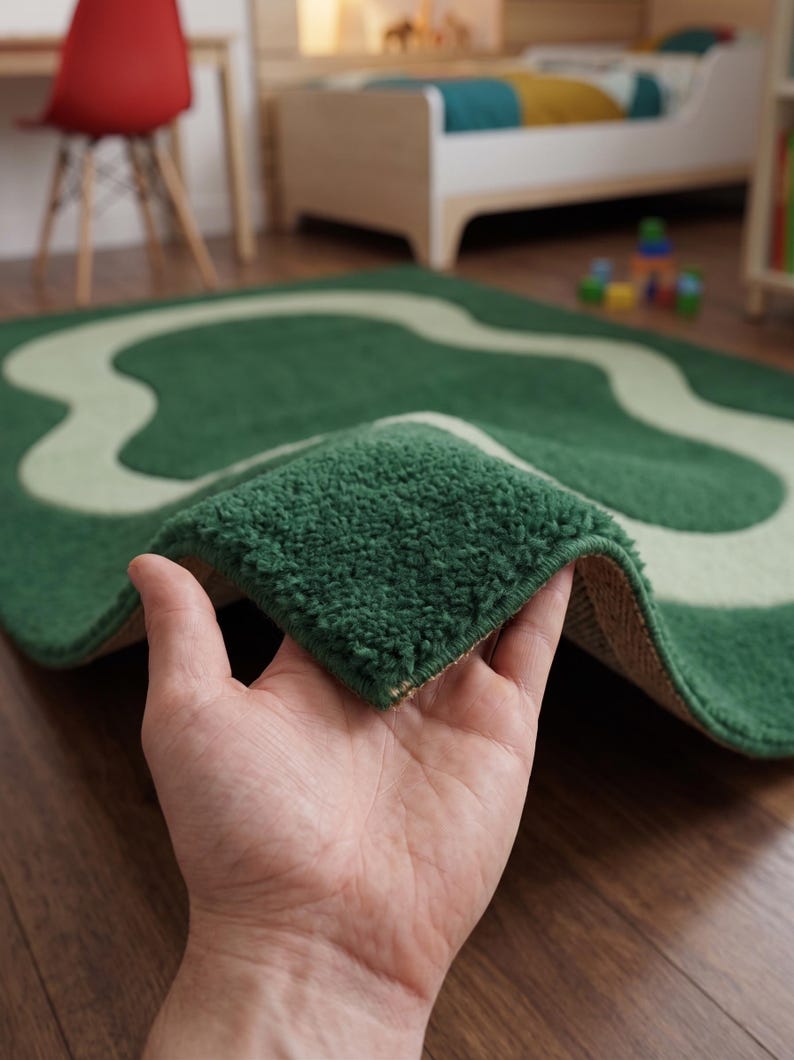 Mid Century Modern Green Abstract Wavy Hand Tufted Area Rug - Etsy