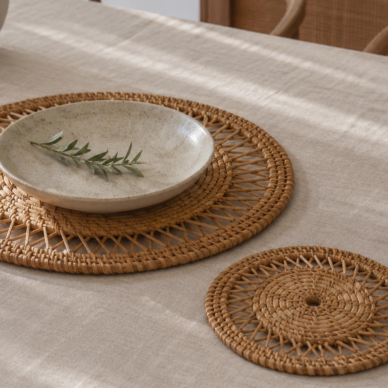 Woven Rattan Placemat – Natural Table Decor, Boho Dining Accessory ...